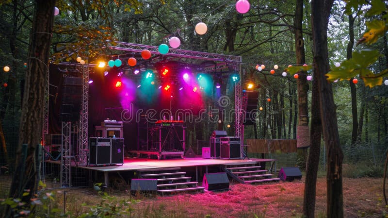 Outdoor Stage Setup in Forest Stock Image - Image of crowd, evening ...