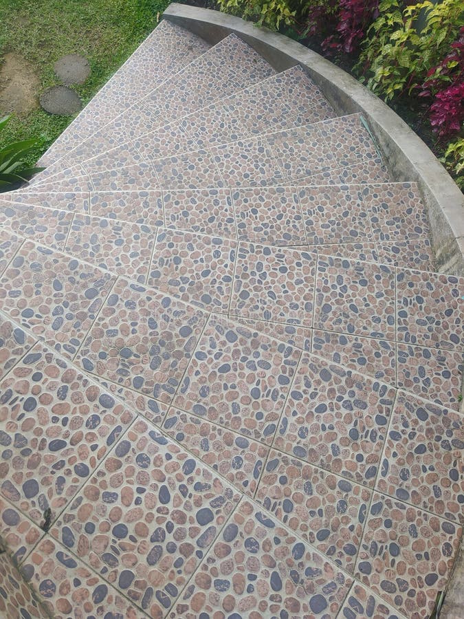 Outdoor Staircase with Stone Pattern Ceramic Tiles in Garden Landscape ...