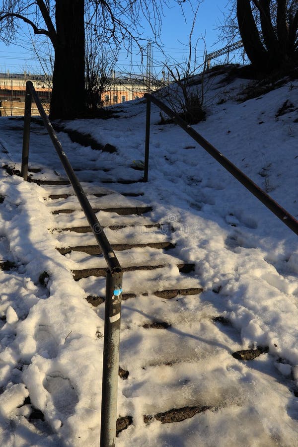 Outdoor Stairs with Steps Not Cleared of Ice and Snow Stock Photo ...