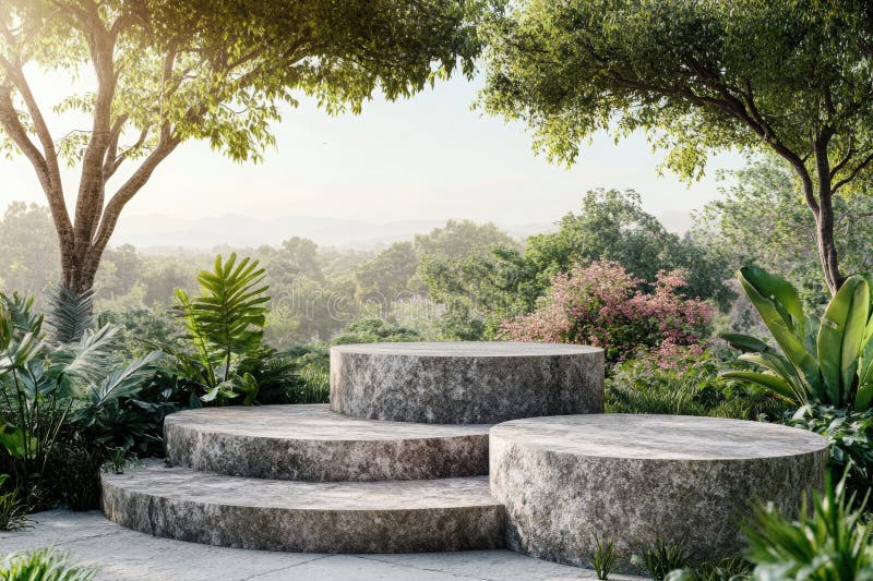 Outdoor Stone Seating Area Surrounded by Lush Greenery in a Tranquil ...