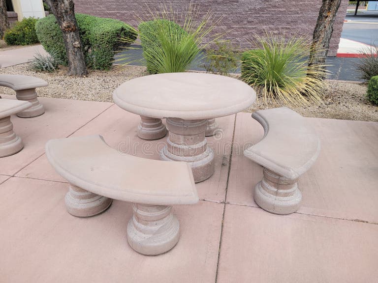 Outdoor Stone Table and Benches Stock Photo - Image of neat, green ...