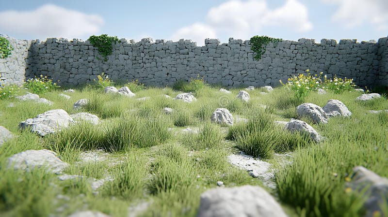 Outdoor Stone Wall Structure with Grass and Rock Formations in a Bright ...
