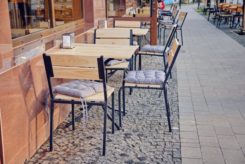 Outdoor Street Cafe Tables Ready for Service Stock Photo - Image of ...