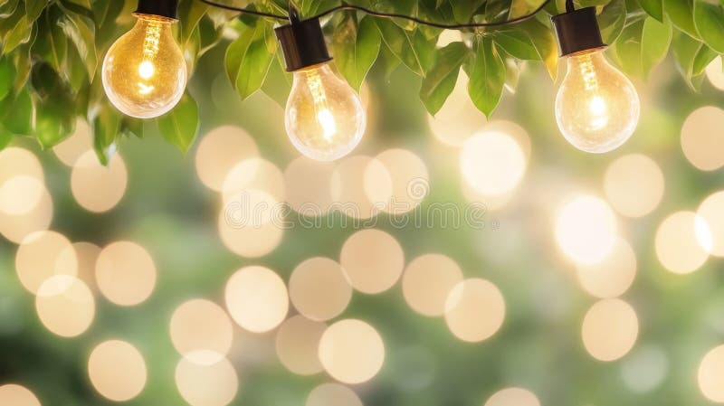Outdoor String Lights with Edison Bulbs Hanging among Green Foliage ...