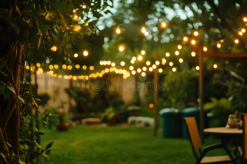Outdoor String Lights Hanging in Backyard with Evening Bokeh Stock ...
