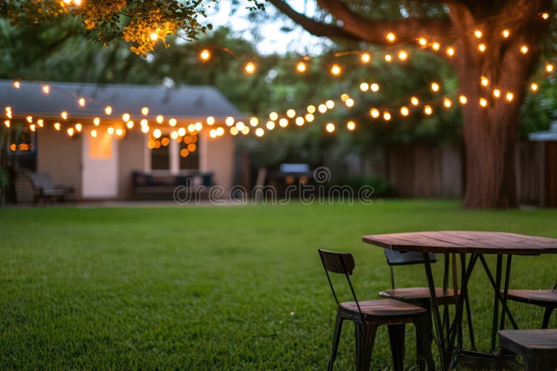 Outdoor String Lights Hanging in Backyard with Evening Bokeh Stock ...