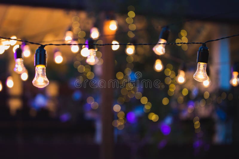 Outdoor String Lights Hanging on a Line in Backyard. Stock Image ...