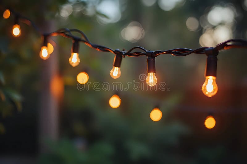 Outdoor String Lights Hanging on a Line in Backyard with Copy Space ...