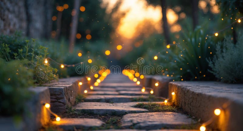 Outdoor String Lights Illuminating Calm Garden Pathway at Sunset Stock ...