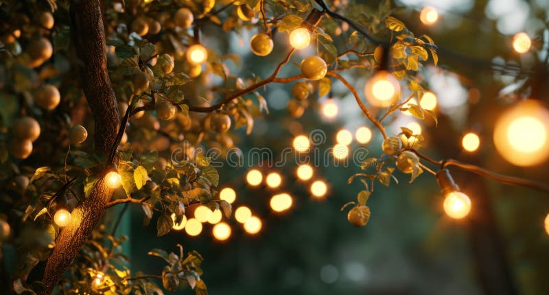 Outdoor String Lights with Trees and Flowers Stock Illustration ...
