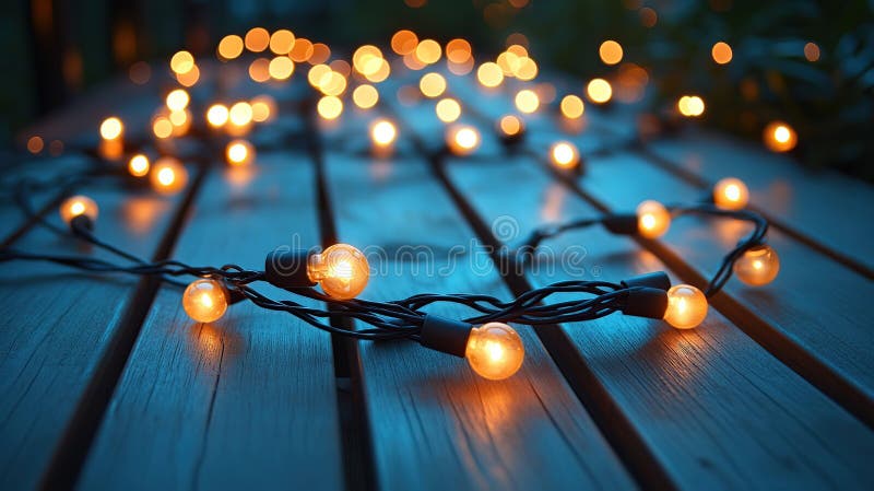 Outdoor String Lights on Wooden Patio at Dusk Stock Illustration ...
