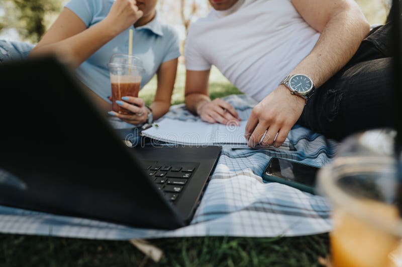 Outdoor Study Session with Two Students Sharing Ideas in a Park Stock ...