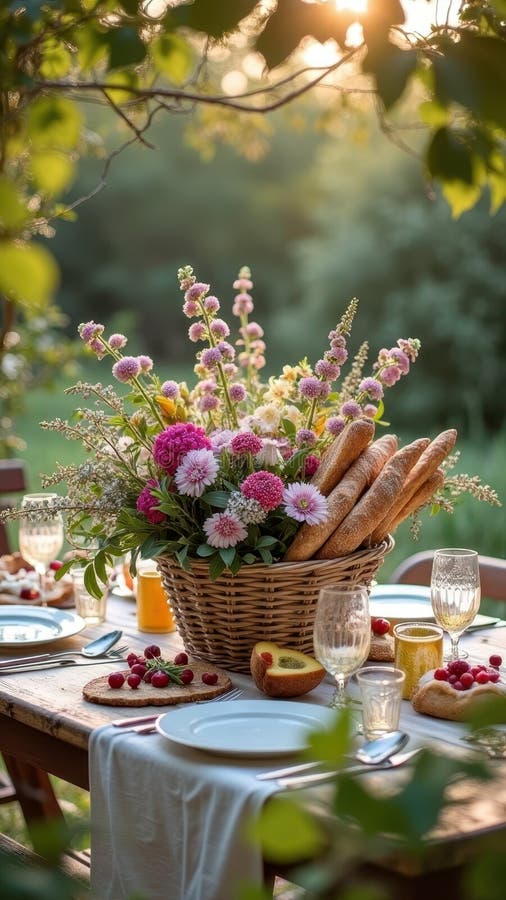 Outdoor Summer Brunch Table with Fresh Flowers, Bread, and Fruit in ...