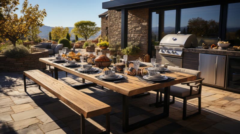 Outdoor Summer Kitchen with Long Barbecue and Table. Generative AI ...