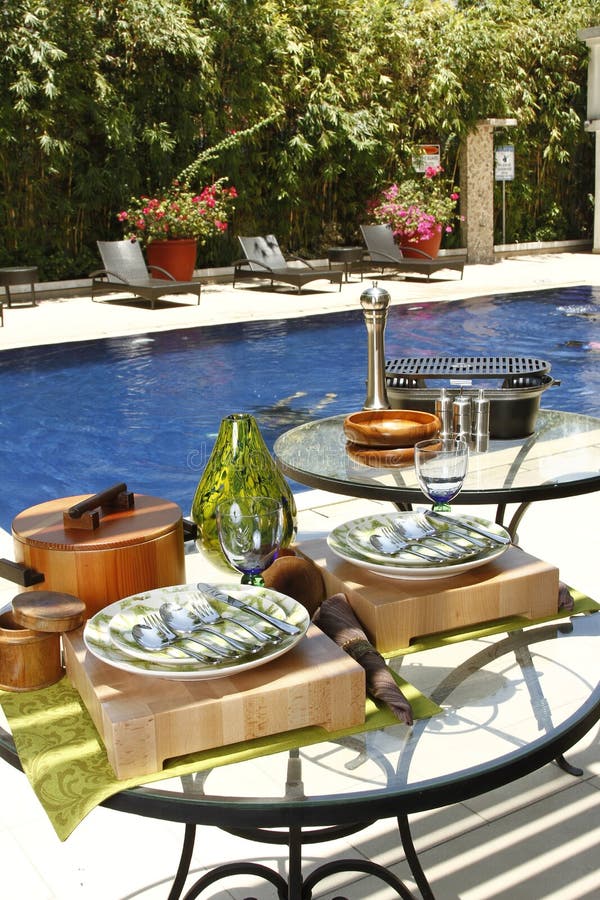 Outdoor Summer Poolside Breakfast Setup Stock Image - Image of guests ...