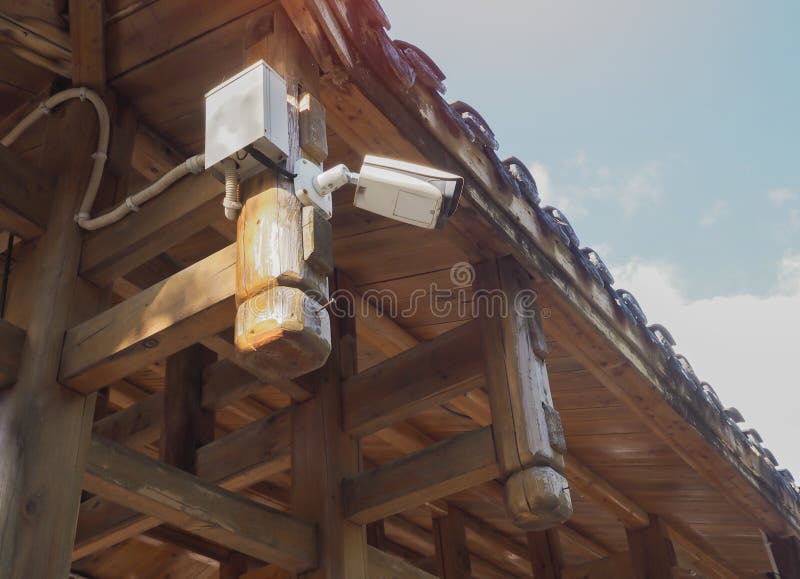 Outdoor Surveillance Camera Setting on an Ancient Wooden Building Stock ...