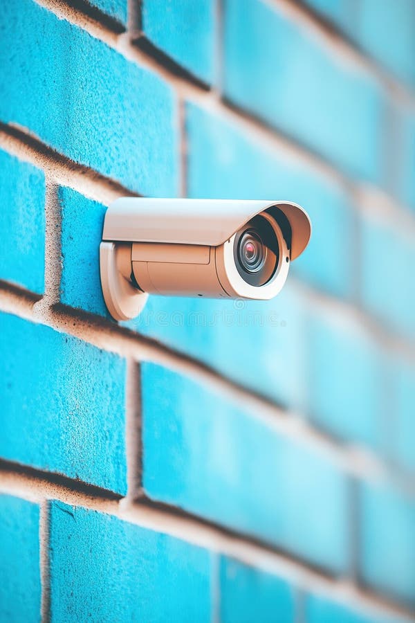 Outdoor Surveillance Camera on Vibrant Blue Brick Wall Stock Image ...
