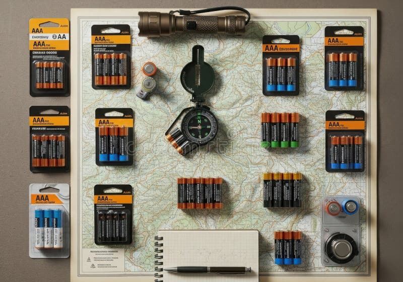Outdoor Survival Gear Collection Featuring Batteries and Compass Stock ...