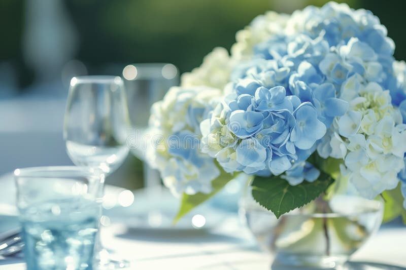 Outdoor Table Setting with Blue Hydrangea Bouquet on White Tablecloth ...