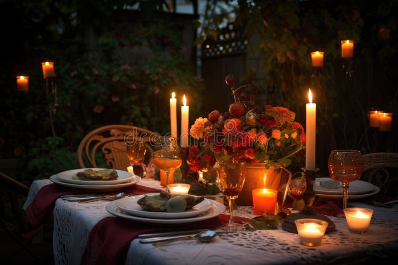 Outdoor Table Setting with Candles, Plates, and Silverware for Romantic ...