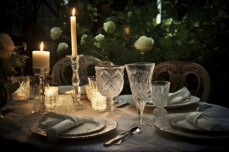 Outdoor Table Setting for a Romantic Evening with Flickering Candles ...