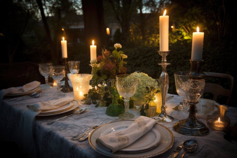Outdoor Table Setting for a Romantic Evening with Flickering Candles ...