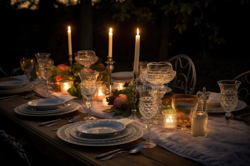 Outdoor Table Setting for a Romantic Evening with Flickering Candles ...