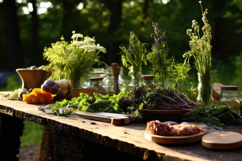 Outdoor Table Setup with Wild Edible Dishes and Recipes Stock Image ...