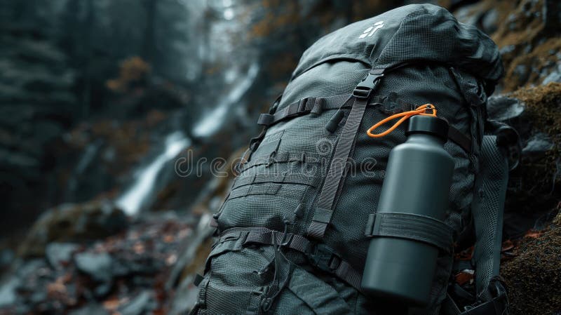 Outdoor Tactical Backpack with Water Flask in Mountain Forest Stock ...
