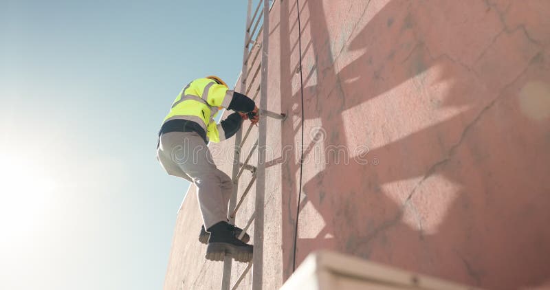Outdoor, Technician and Man on Ladder for Rooftop Installation ...