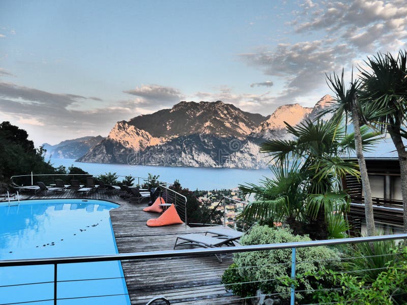Outdoor Terrace with Sunbed and Pool with Mountain View Stock Image ...