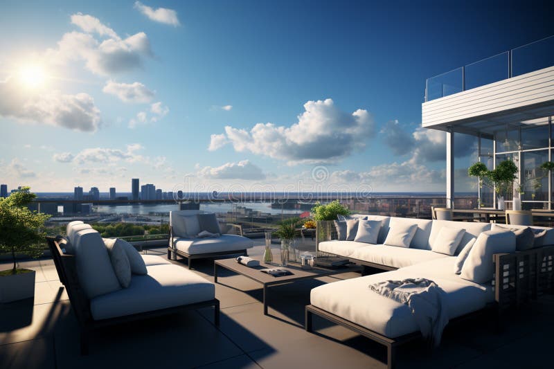 Outdoor Terrace with a View of the City. 3d Rendering Stock ...