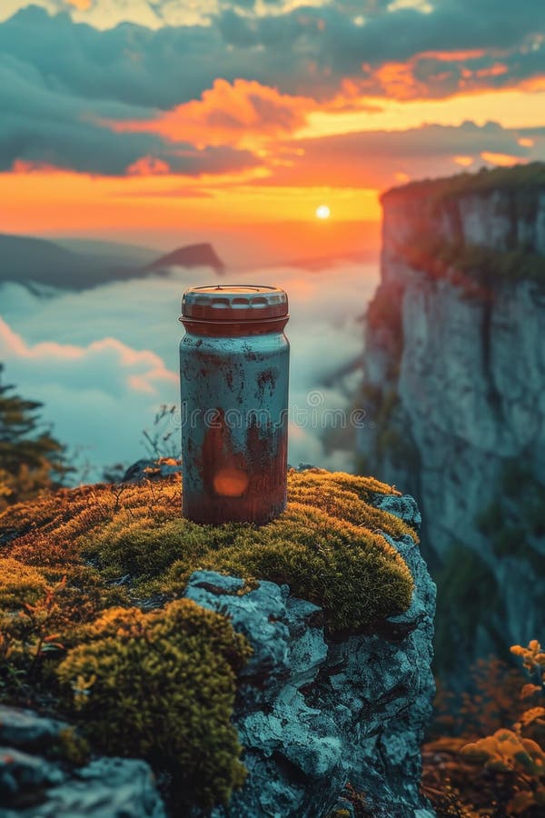 An Outdoor Thermos Flask Stands on a Rock at Sunset Stock Photo - Image ...