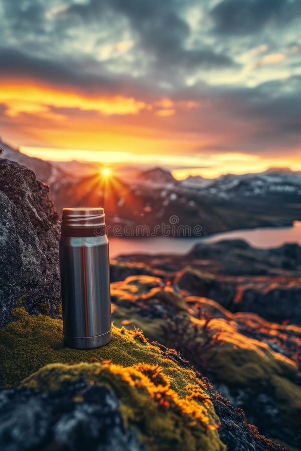 An Outdoor Thermos Flask Stands on a Rock at Sunset Stock Photo - Image ...