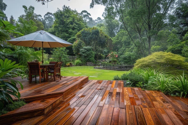 Outdoor Timber Decking Overlooking a Serene Garden. AI Generated. Stock ...