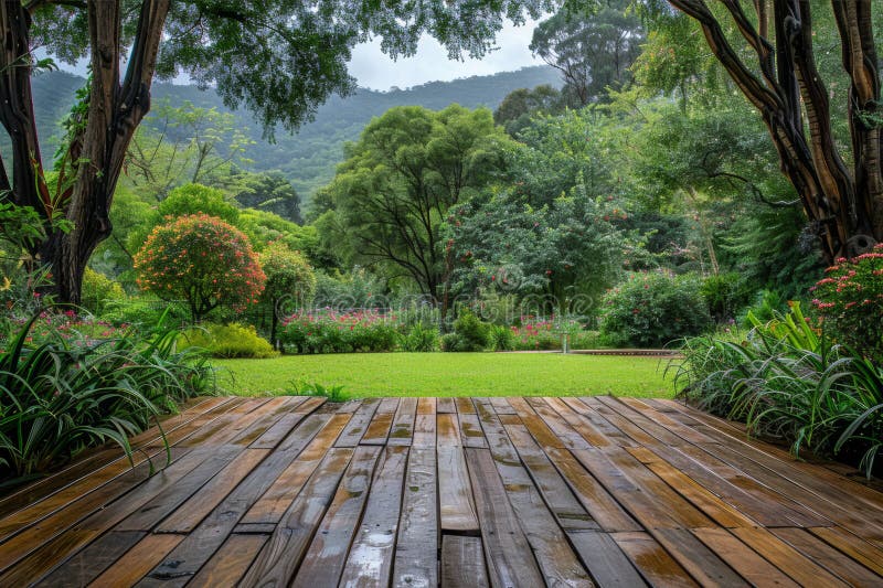 Outdoor Timber Decking Overlooking a Serene Garden. AI Generated. Stock ...