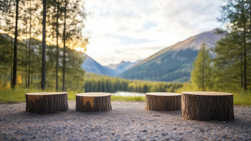 Outdoor Tree Trunk Stools with Scenic Forest and Mountain Background ...