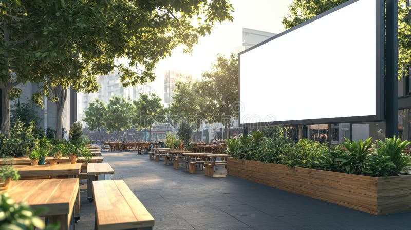Outdoor Urban Cafe with Blank Billboard in Sunlit Greenery Stock Image ...