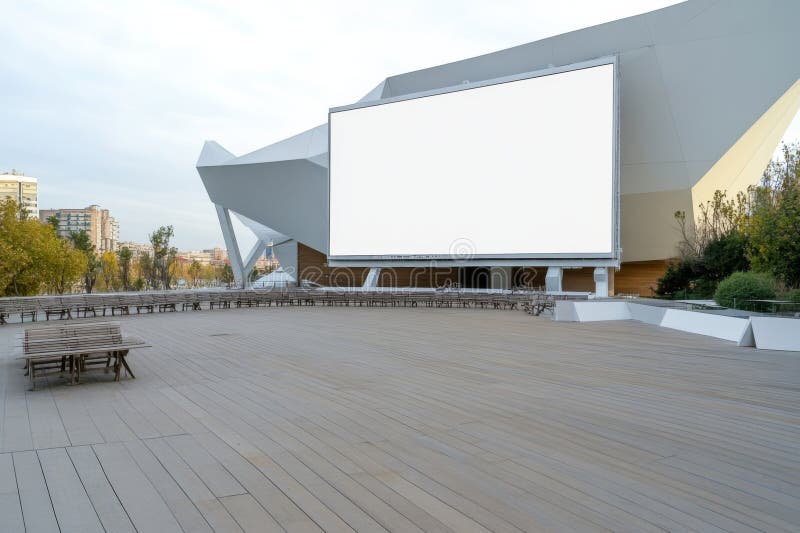 Outdoor Venue Features a Large Blank Screen and Empty Wooden Deck in a ...