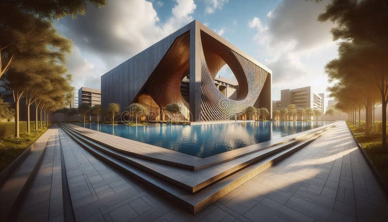 Outdoor View of Bold Architectural Building Against Blue Sky Stock ...