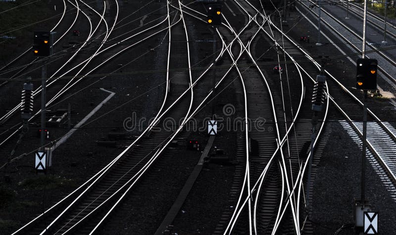 Outdoor View of Train Tracks and Junction in a Station Stock Photo ...