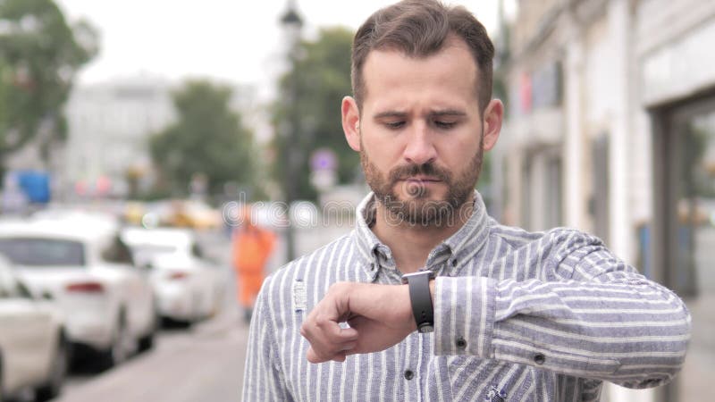 Outdoor Waiting Beard Casual Man Watching Time on Watch Stock Image ...