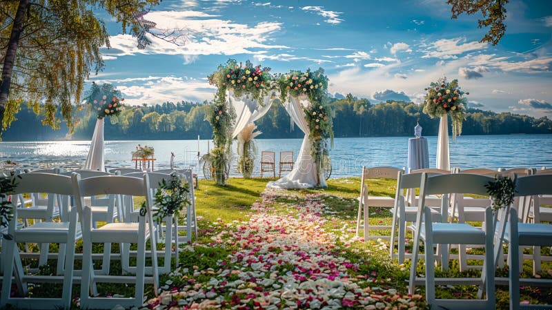 Romantic Lakeside Wedding Ceremony Setup Floral Arch Beautiful Bride Outdoor Love View Decor ...