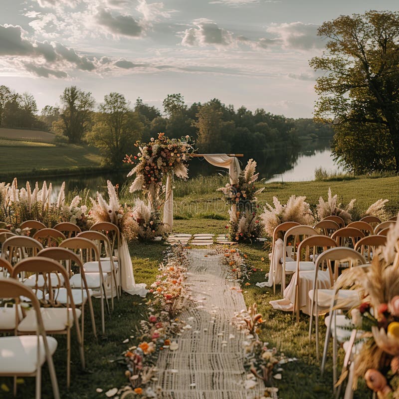 Outdoor Wedding Ceremony Setup with Floral Arch and Aisle Runner Stock ...