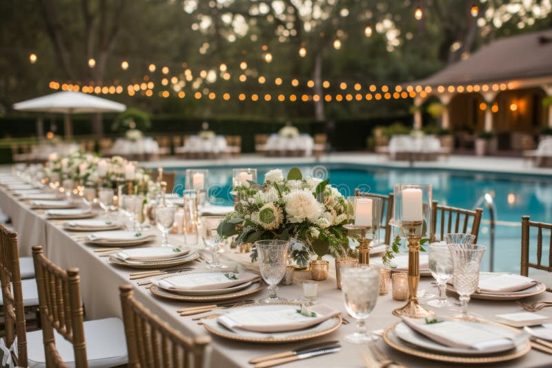 Outdoor Wedding Dinner by the Pool with Garlands Stock Image - Image of ...