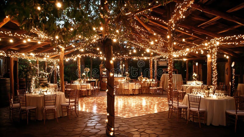 Outdoor Wedding Reception, Night, Lights, Rustic Venue Stock Image ...