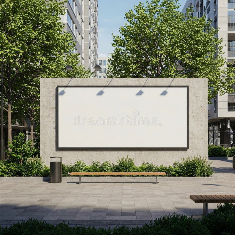 Outdoor White Stone Wall Mockup with Empty Black Frame in Urban Park ...