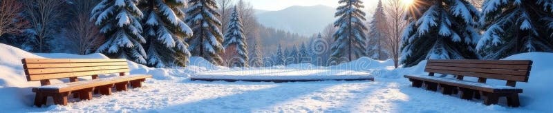 Outdoor Winter Stage, Empty Benches, Snowy Setting, Theatrical ...
