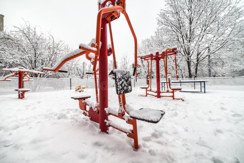 Outdoor Workout Gym with Training Gear in Winter Stock Photo - Image of ...