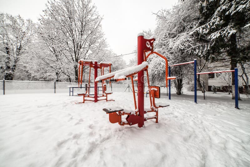 Outdoor Workout Gym with Training Gear in Winter Stock Photo - Image of ...